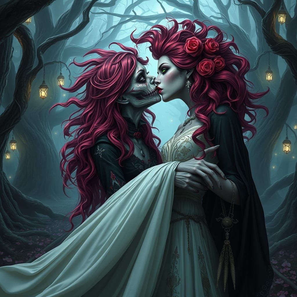 An zombie warlock woman kisses a rose hair woman who is a powerful ...