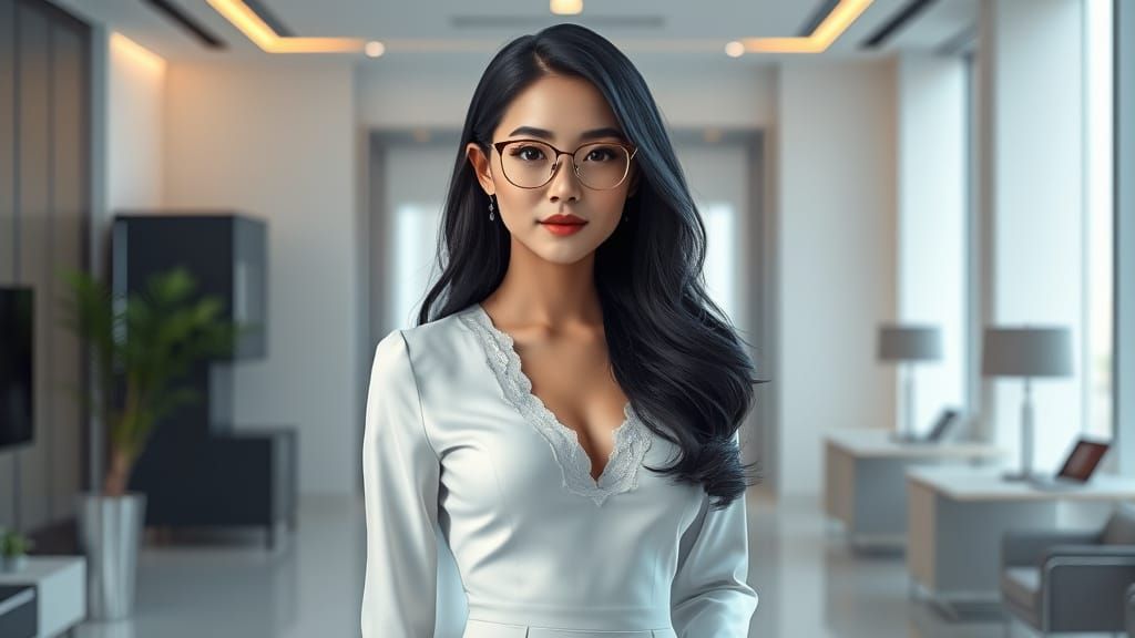 A stunning Asian woman with luminous, porcelain-white skin, an oval face with soft, yet defined ...