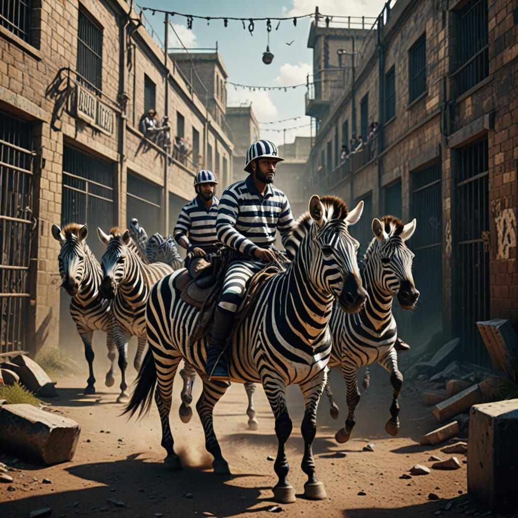 Prisoners Ride Fantastical Zebras in Surreal Rodeo... - AI Art