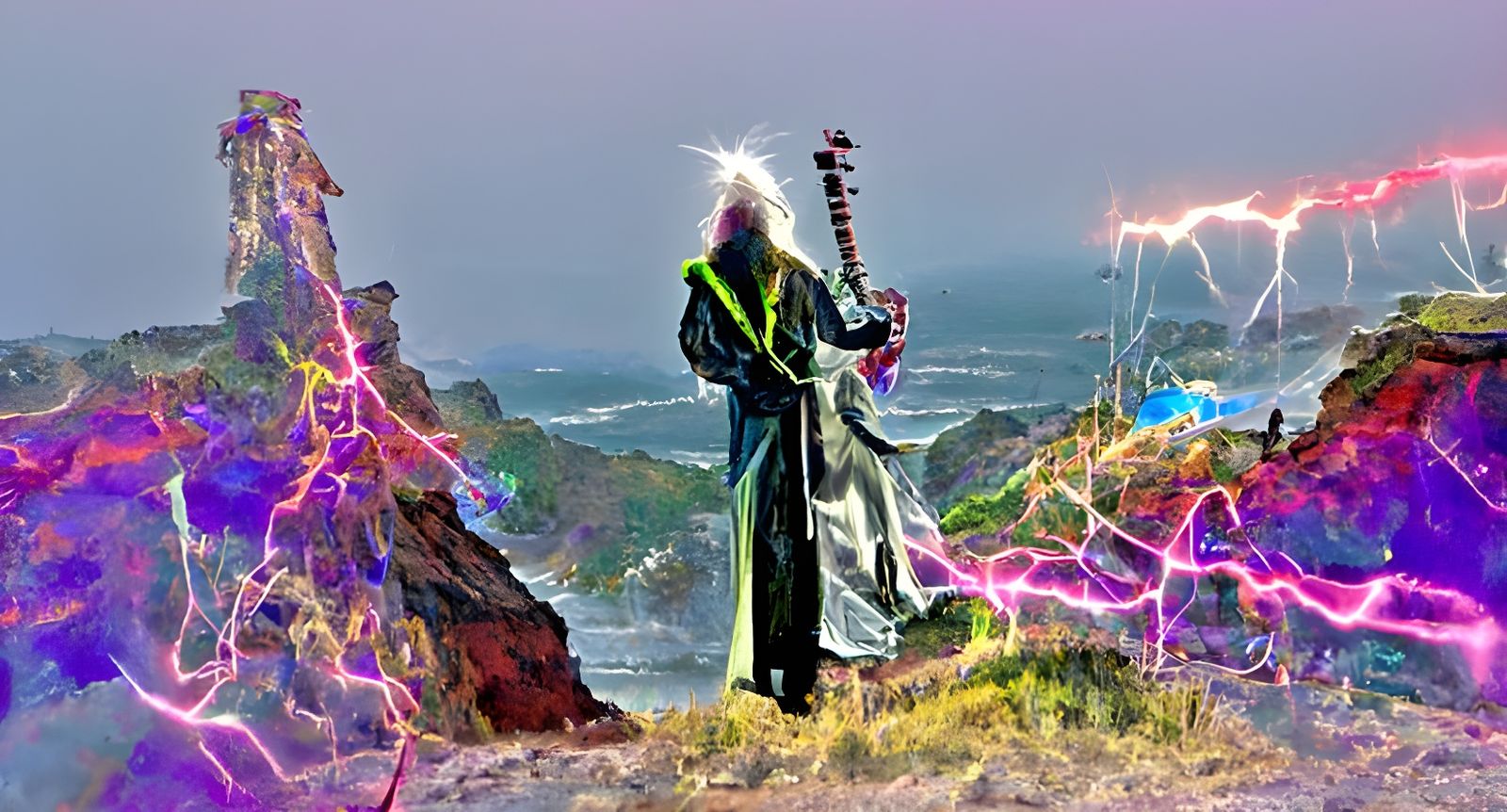 Robed Wizard Rocks the Cliffside with his Rad Guitar Skills - AI ...