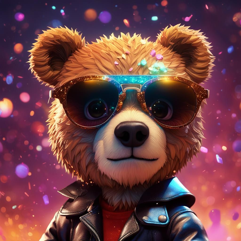 Portrait of an adorable CGI cartoon teddy bear wearing sunglasses and a ...