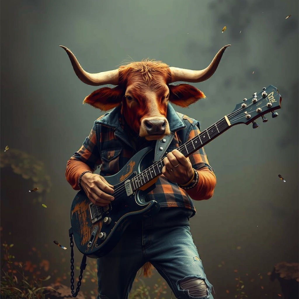 Rustic Plaid Cow Rockstar Unleashes Fierce Melody - AI Art