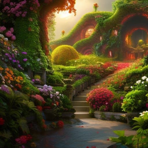 Secret flower garden in the entrance to hell, a masterpiece sharp focus ...