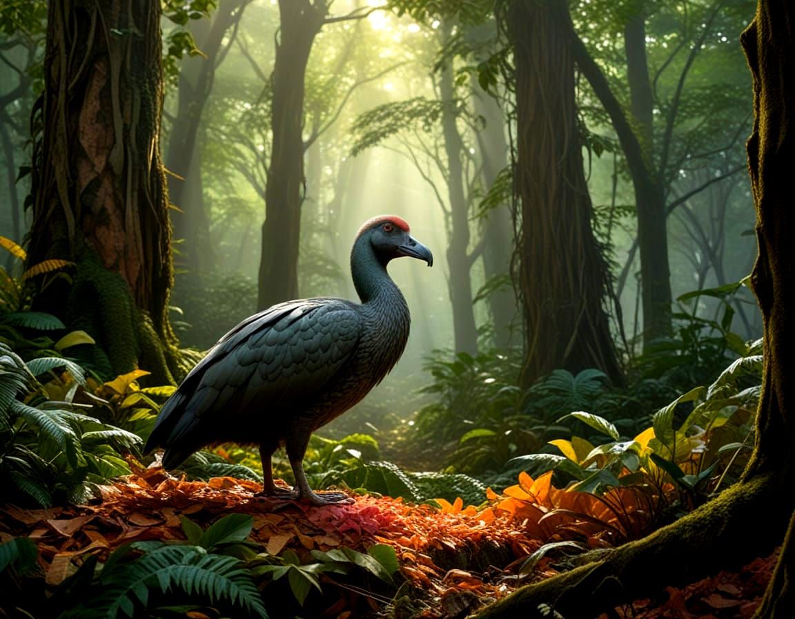Dodo Bird in Ancient Forest Landscape - AI Art