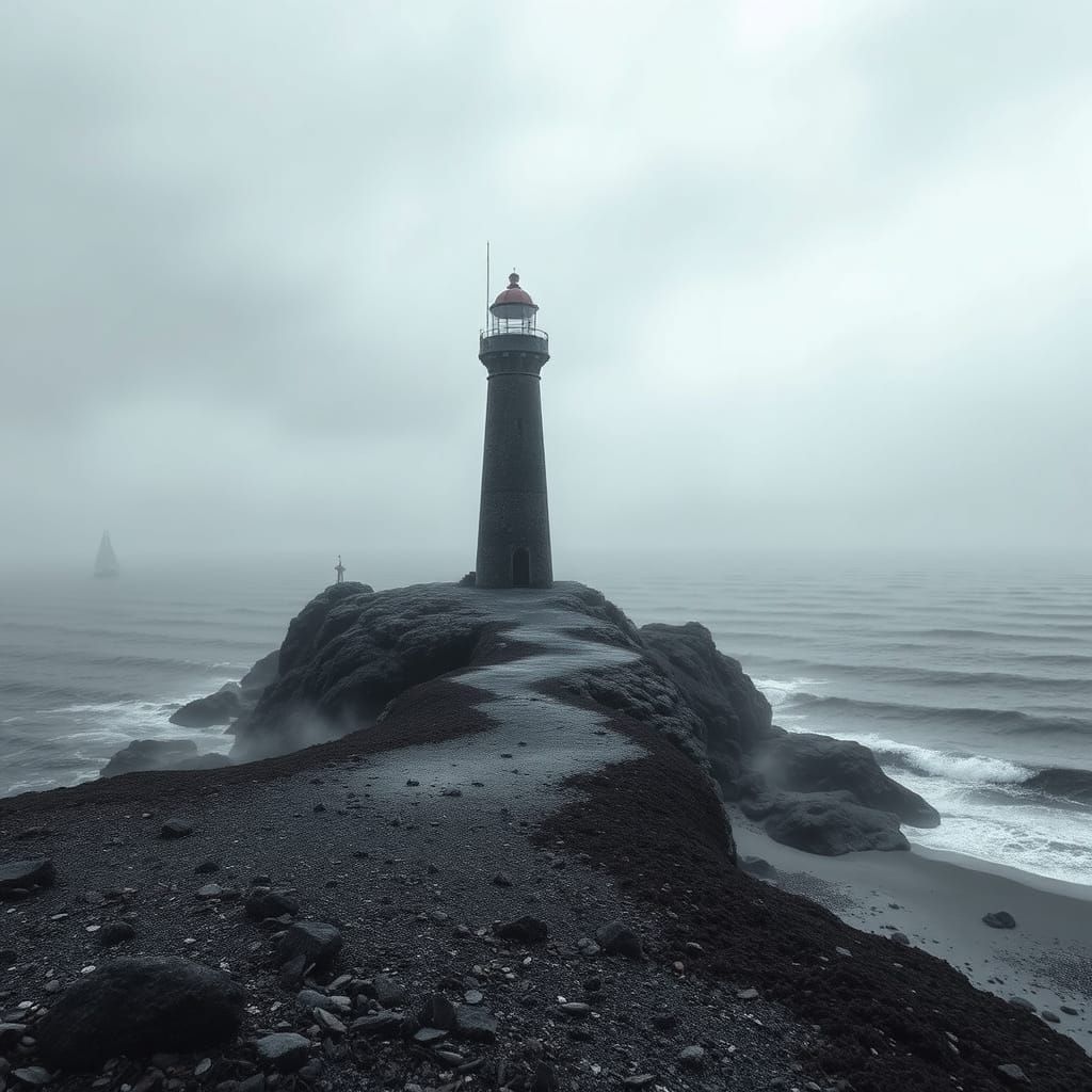 Ethereal Lighthouse Amidst Monochromatic Coastal S... - AI Art