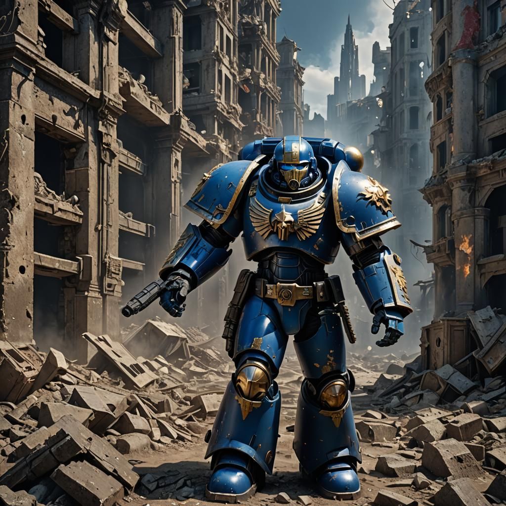 A Space marine of the Ultramarines chapter in mark x tacticus power ...