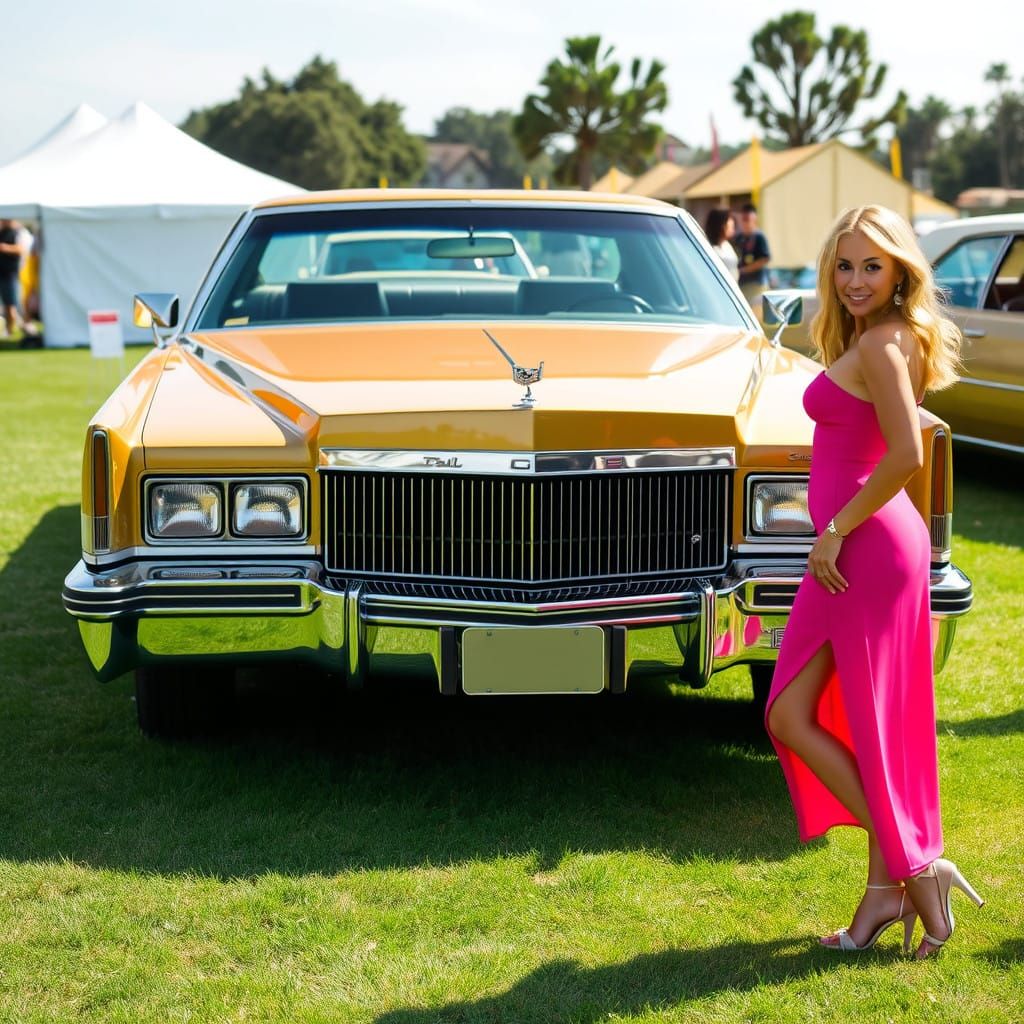 Elegant Golden Cadillac Showcased at Outdoor Exhib... - AI Art