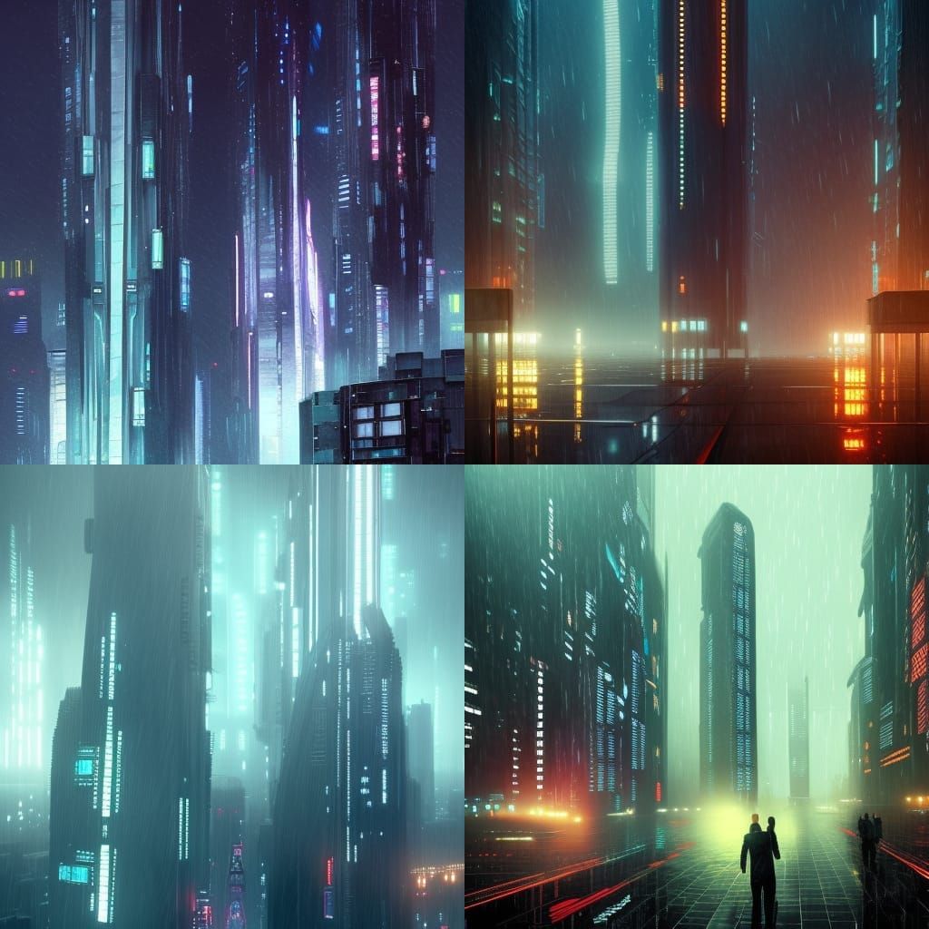Futuristic skyscrapers in the rain at night, blade runner, atmospheric ...