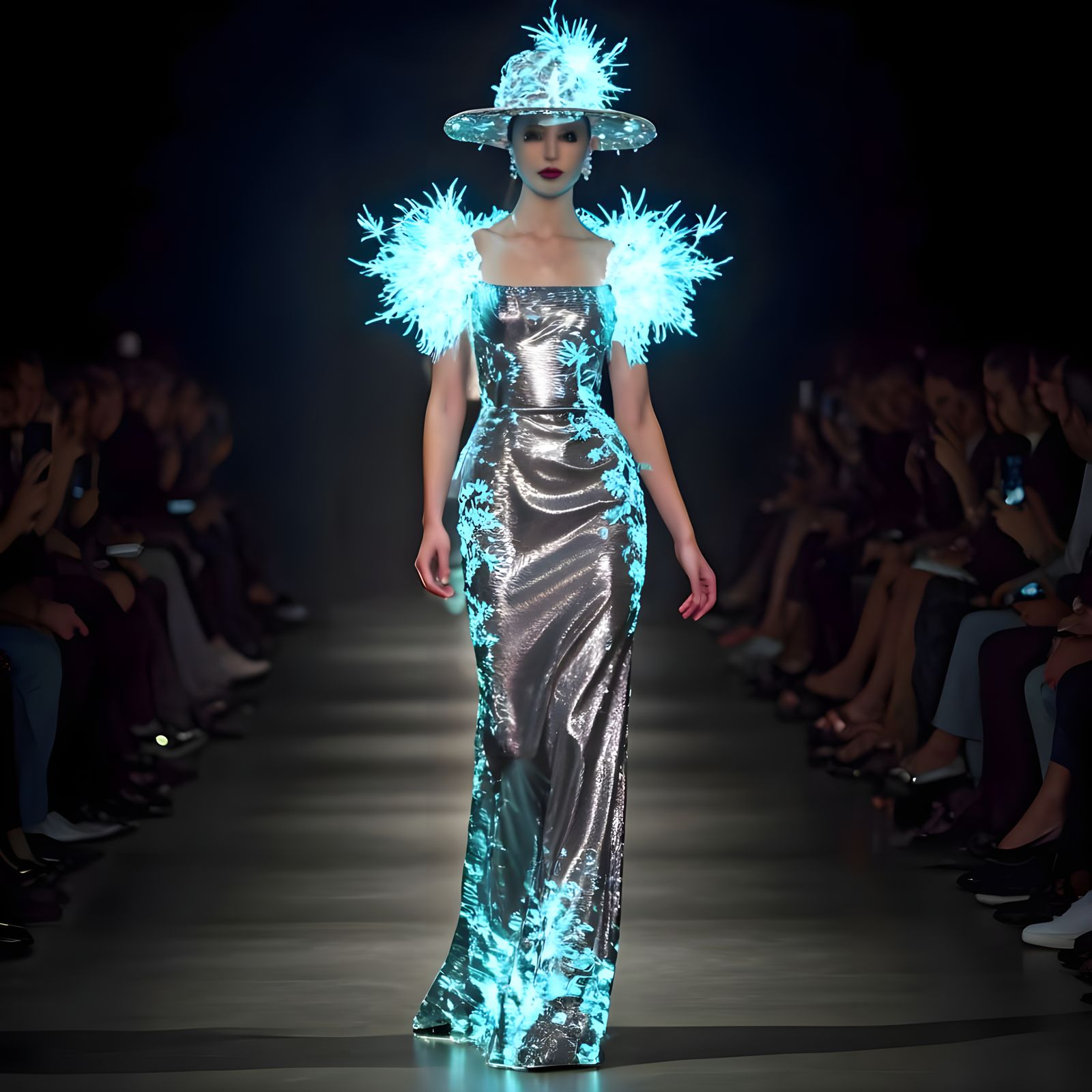 A beautiful realistic reality runway model wearing a long chrome dress ...