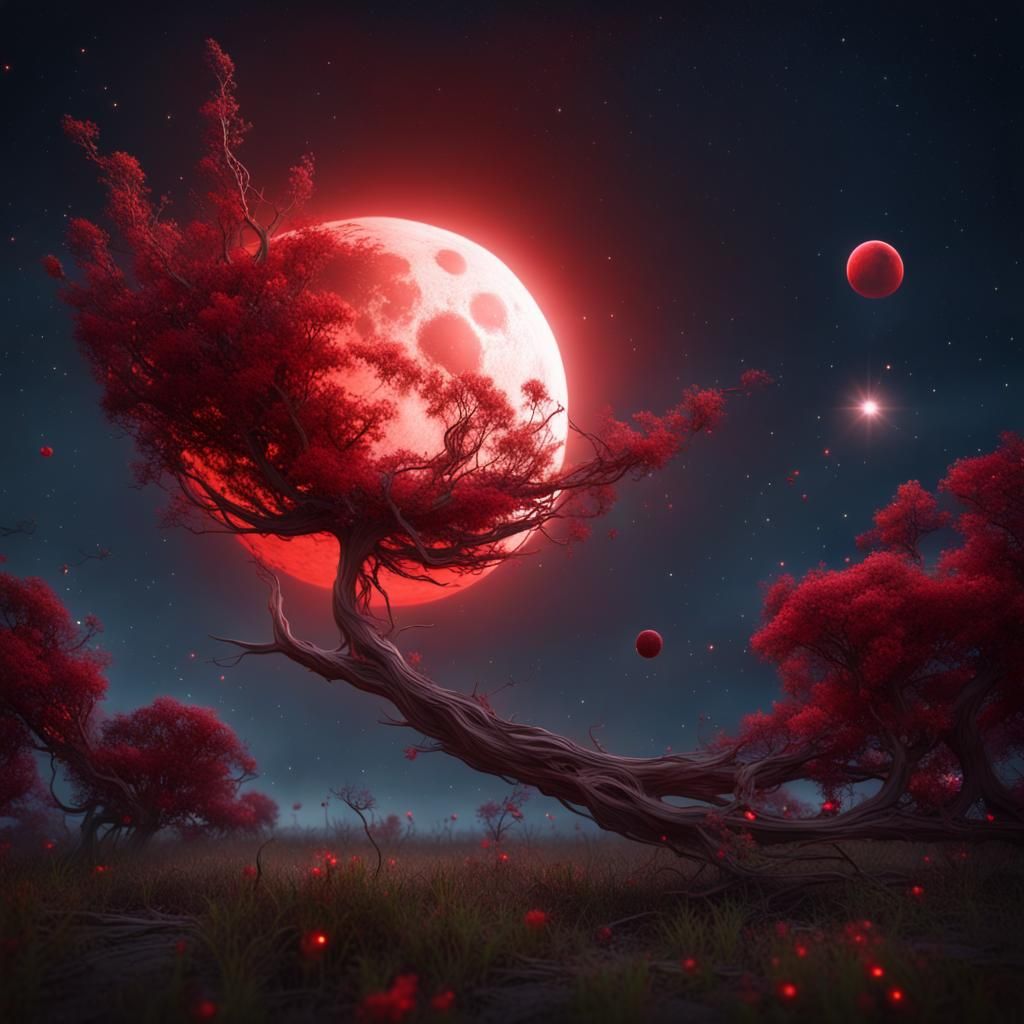 A flying plant gliding through the night sky with a blood red moon and ...