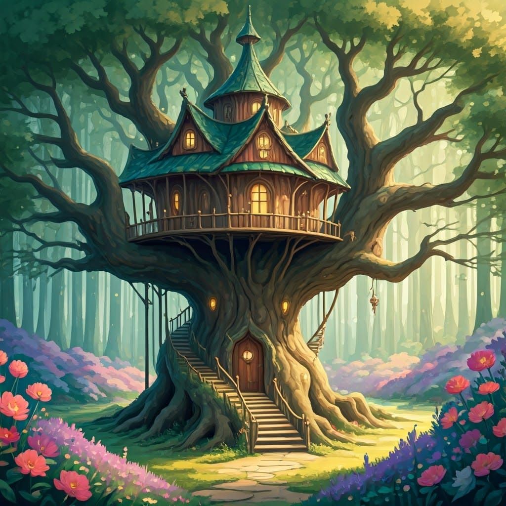 Whimsical Treehouse Amidst Ancient Oak in Dreamy F... - AI Art