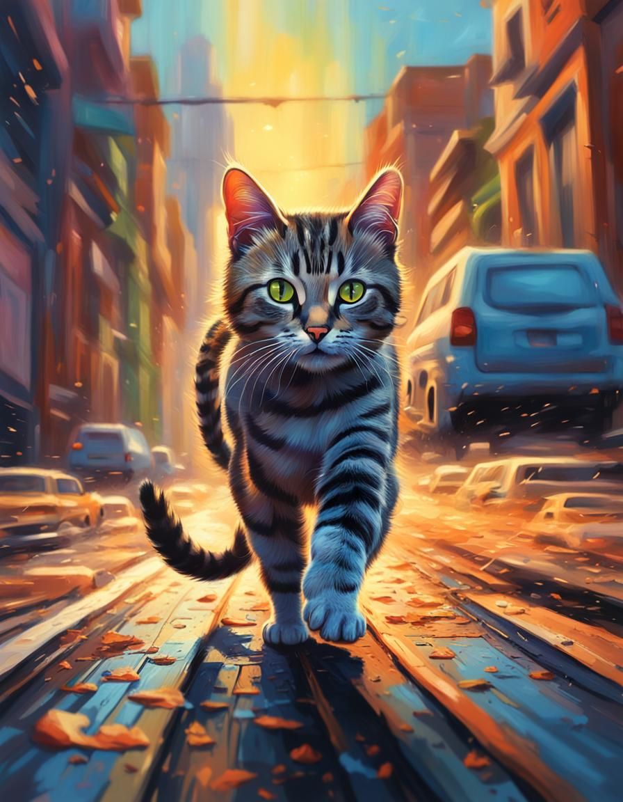 A small cat walking along an infinitely long city road - AI Generated ...