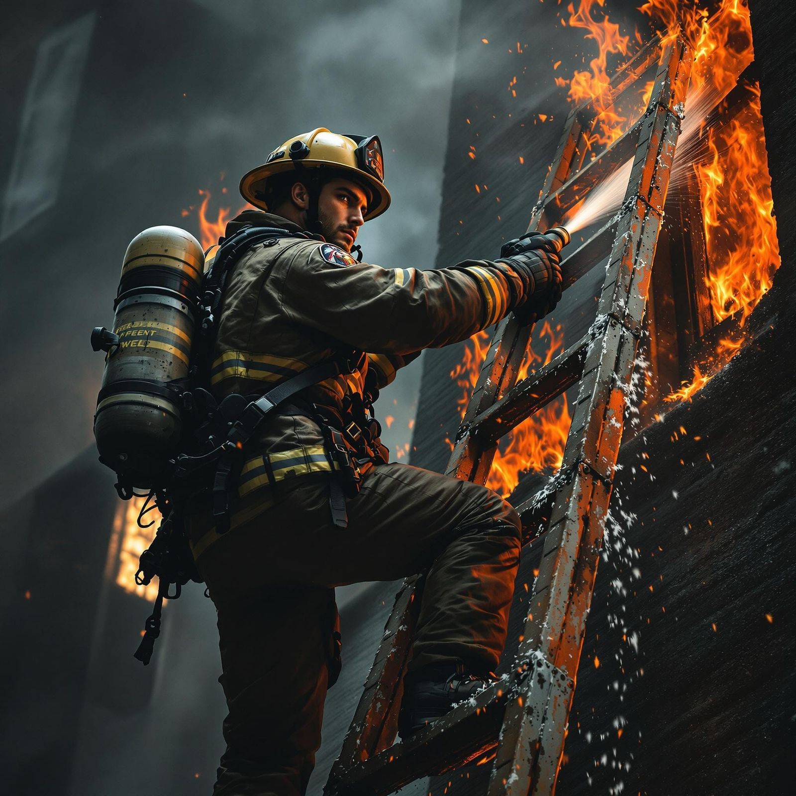 Daring Firefighter Ascends Inferno in Gritty, Cine... - AI Art
