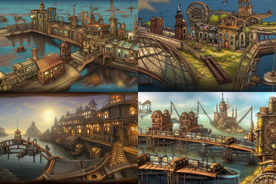 A steampunk city built upon complex bridges, with waterwheels, boats ...