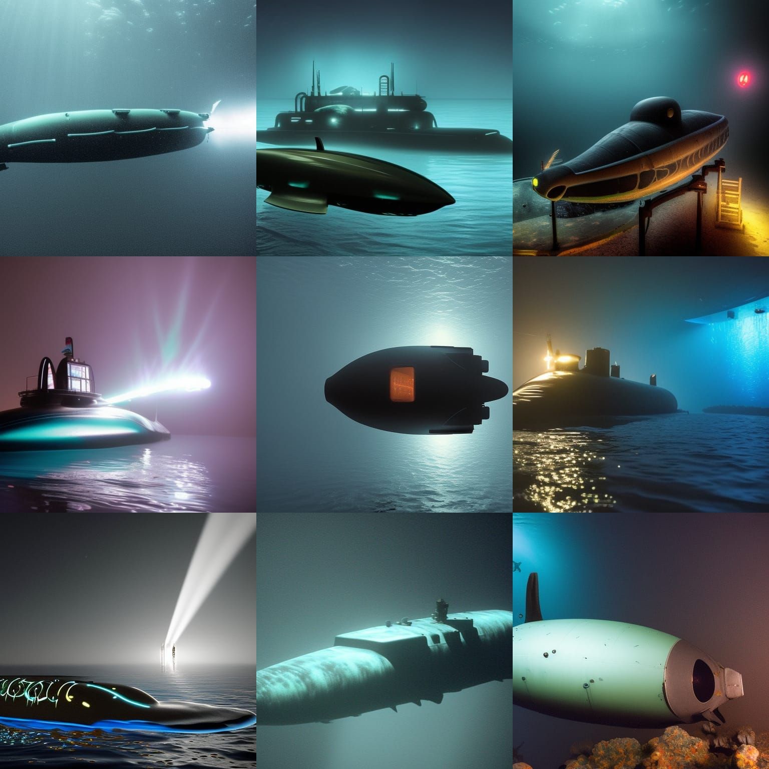 "Submarine descends into bioluminescent depths, surrounded by ...
