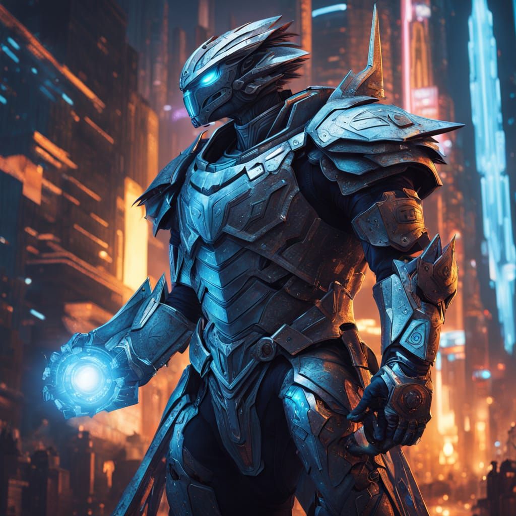 Cyberpunk Magic Warrior in Triadic Armor Suit, Bes... - AI Art