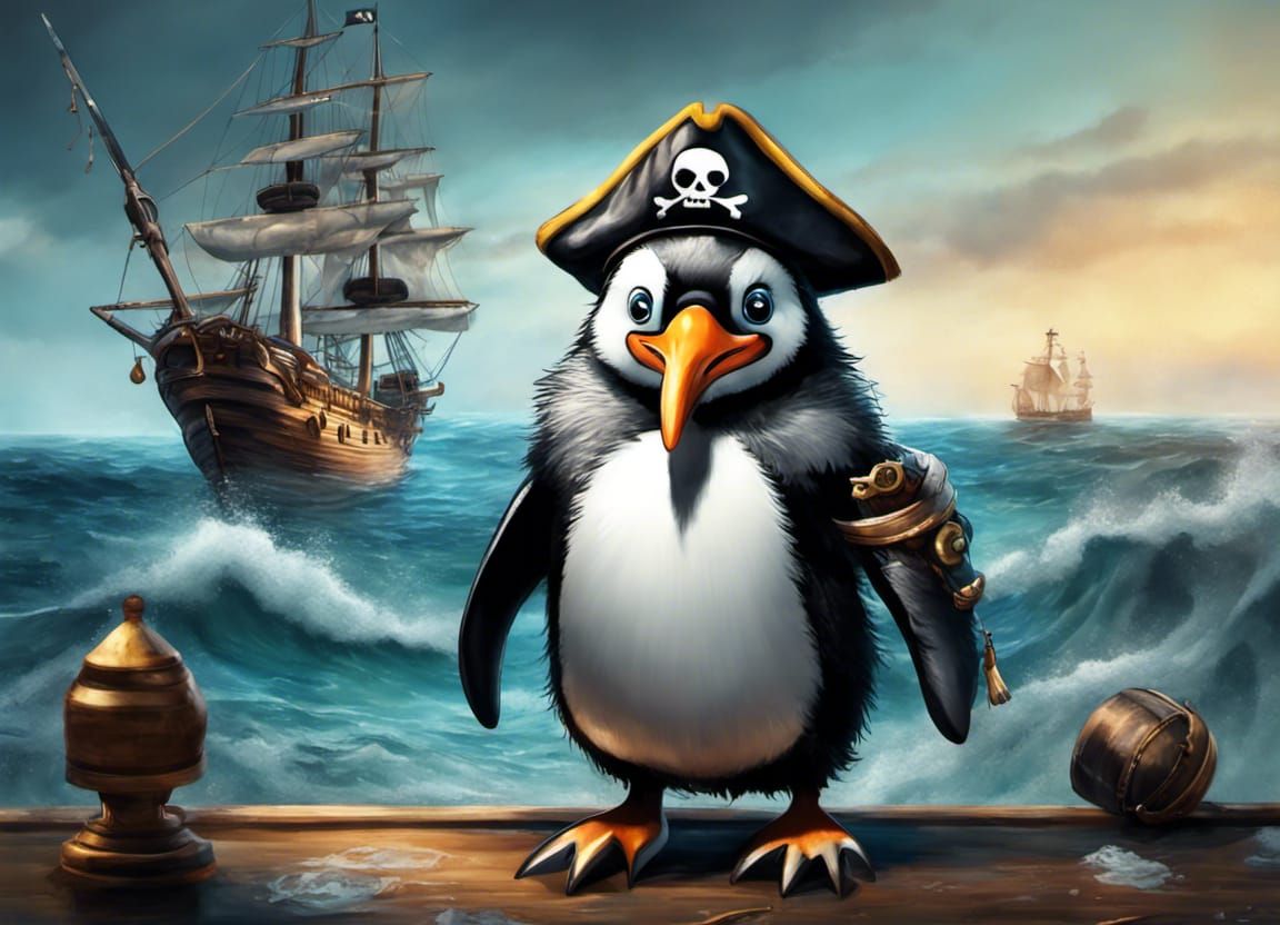 portrait of a cute badass captivating dramatic pirate penguin, pirate ...