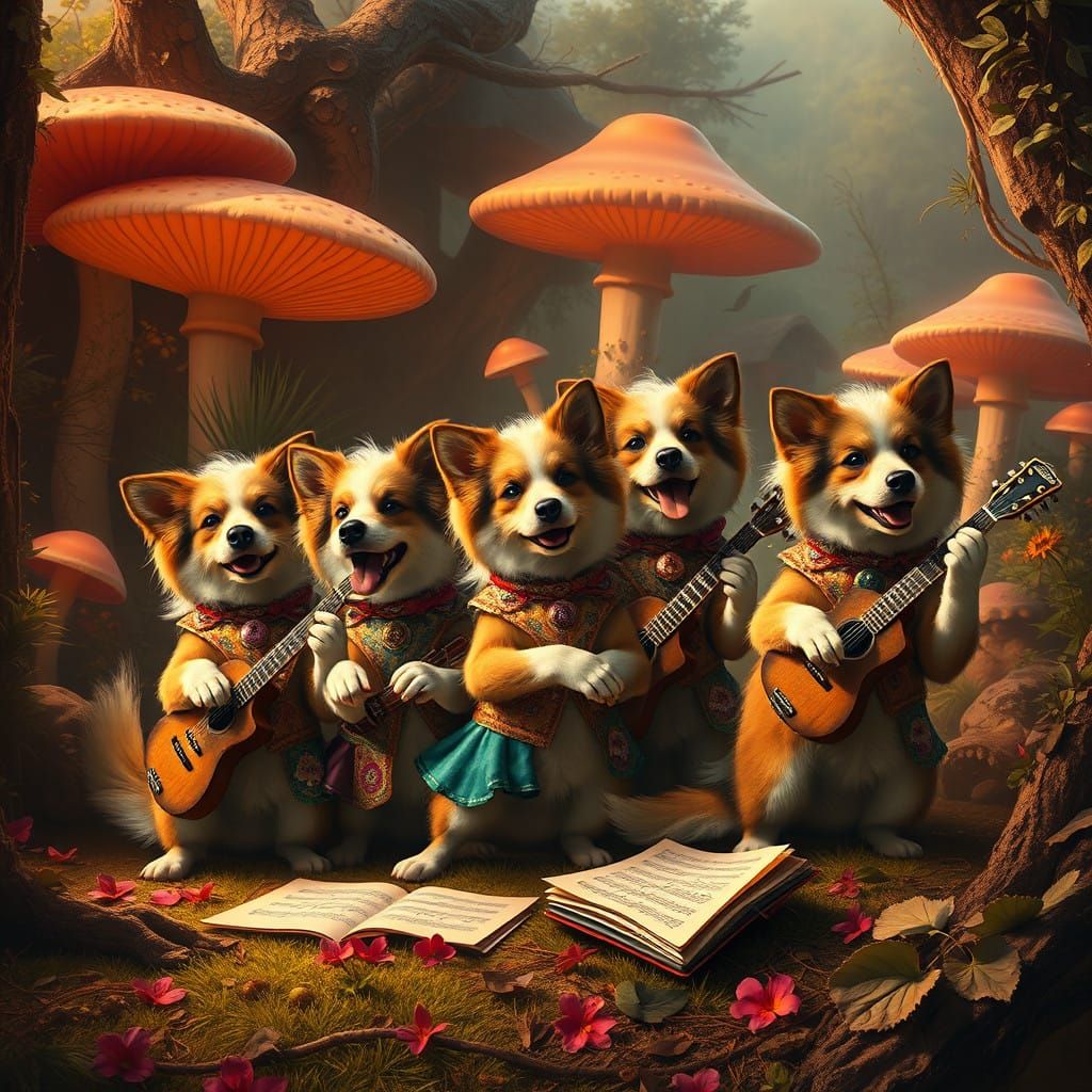 dogs playing in a band - Dogs in Whimsical Band Performances...