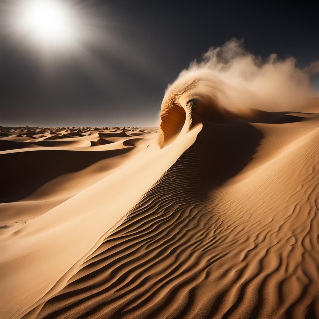 "Low angle; A swirling column of sand and dust rises from the desert ...
