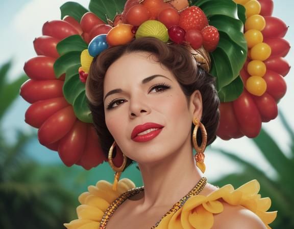 Carmen Miranda with her fruit turban on a Island Oasis. Chica chica ...