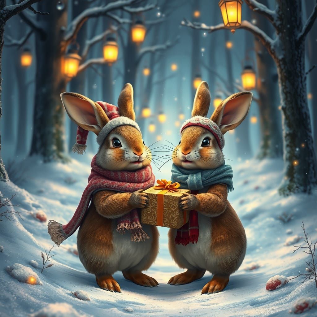 Winter Wonderland Rabbits Share Joyous Christmas M... - AI Art