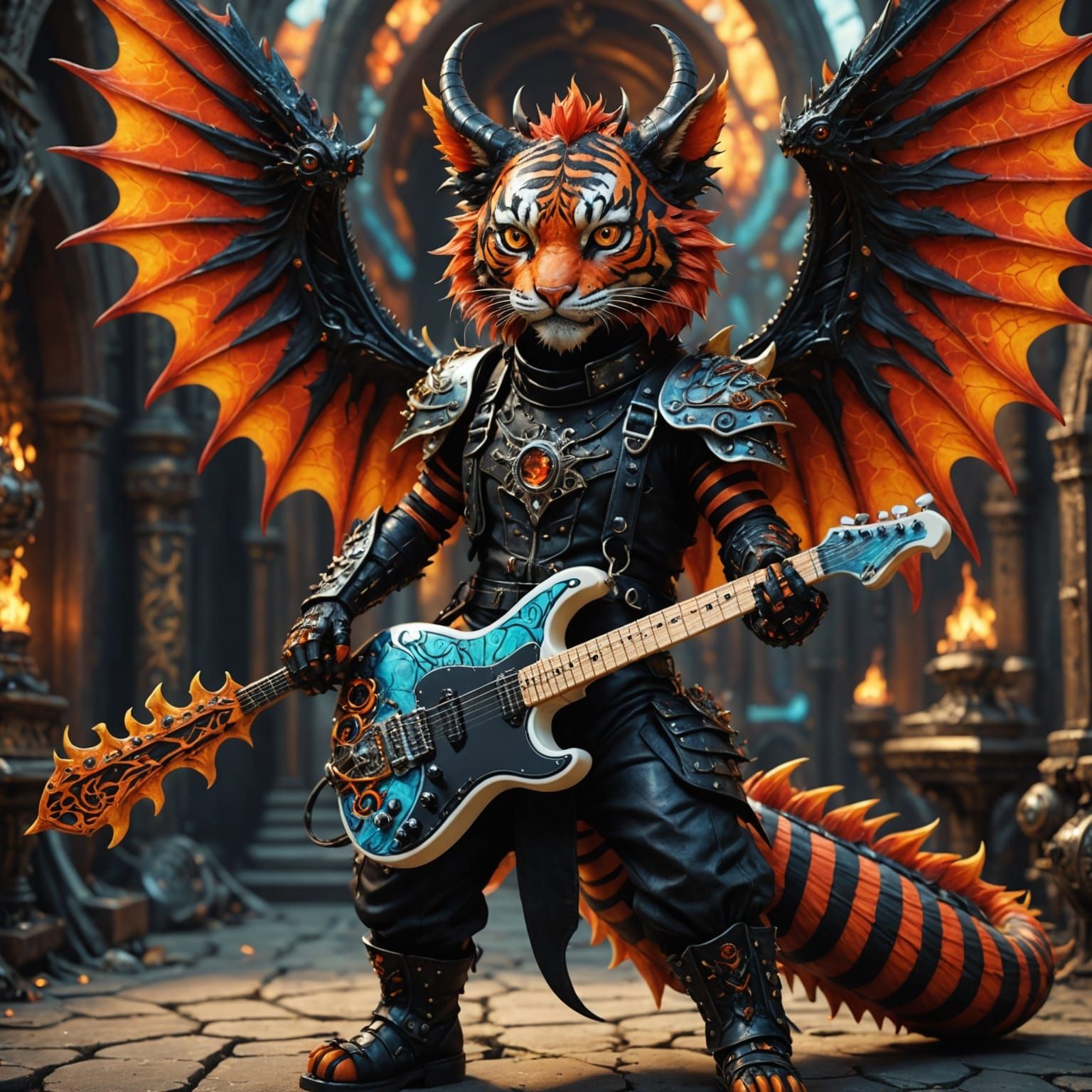 Gothic Tiger-Dragon Hybrid Goddess with Fender Gui... - AI Art
