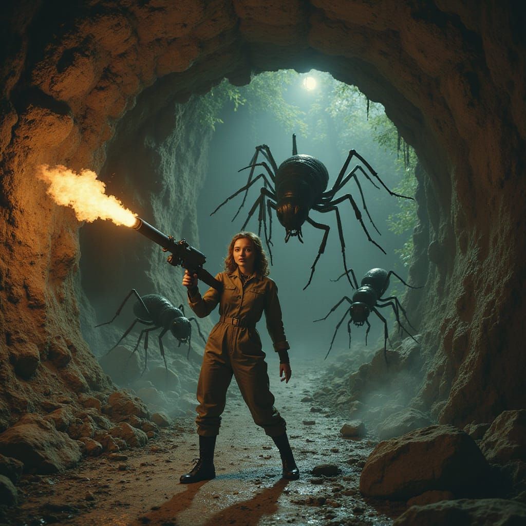Woman Battles Giant Ants in Sci-Fi Horror Art - AI Art