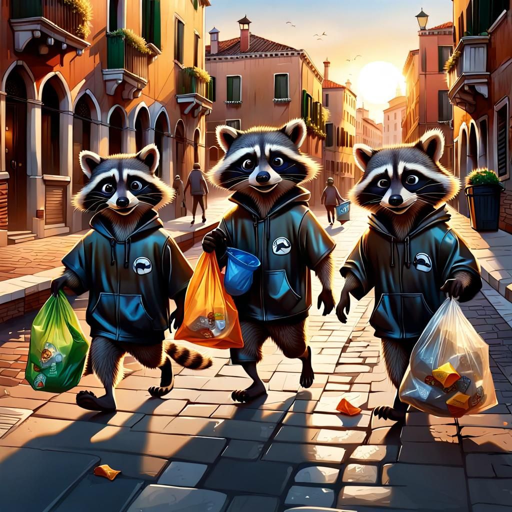Group of raccoons picking up trash in the streets of Venice to save the ...