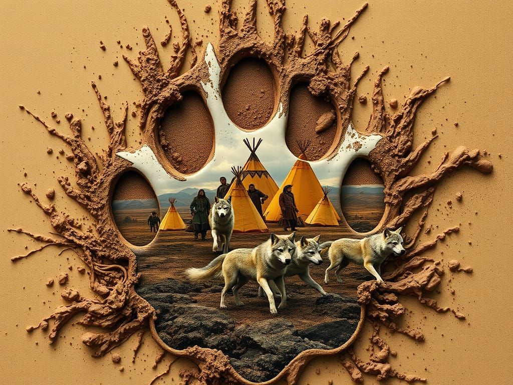 Muddy Wolf Paw Print Comes to Life with Native Ame... - AI Art