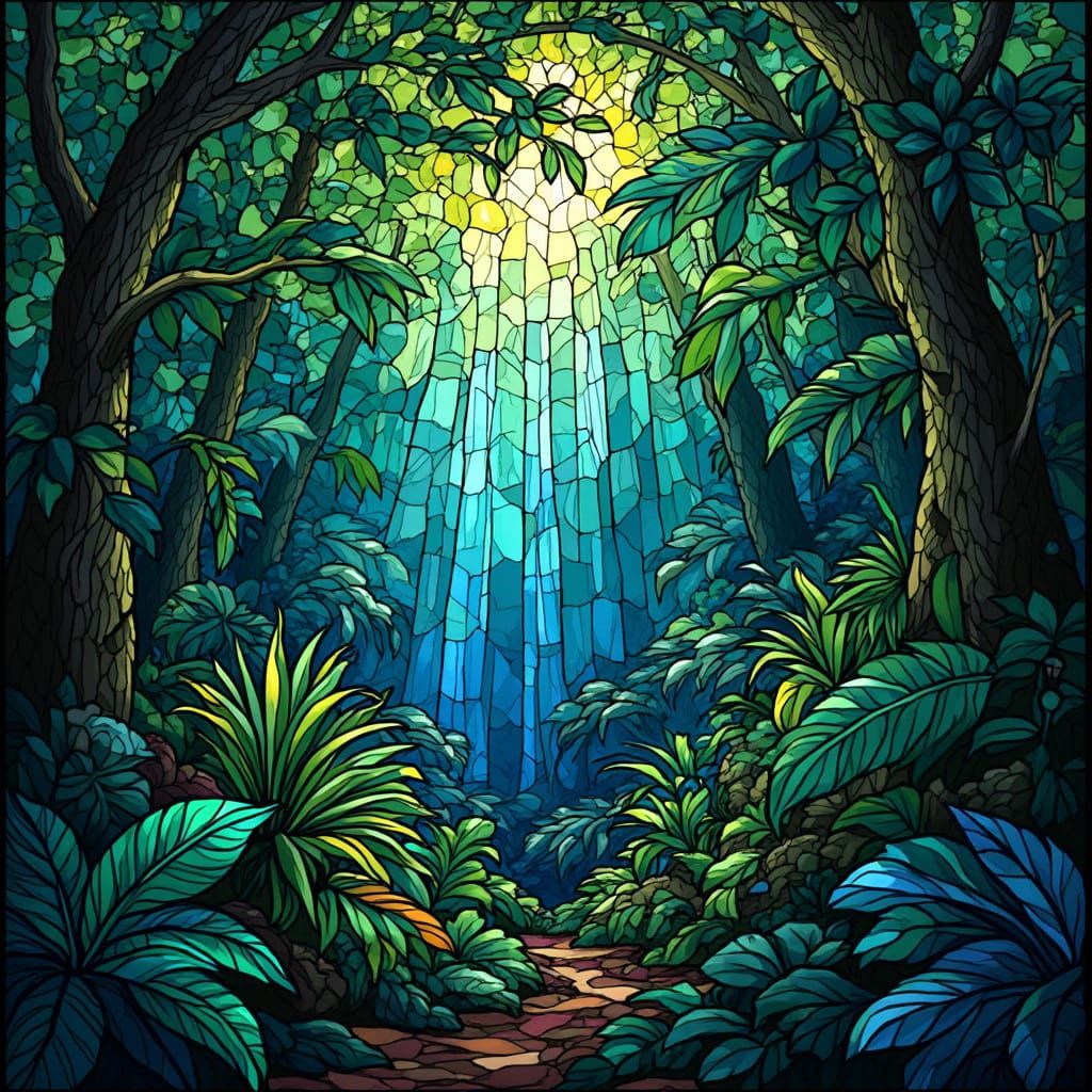 Dense, Dreamlike Stained Glass Jungle Scene - AI Art
