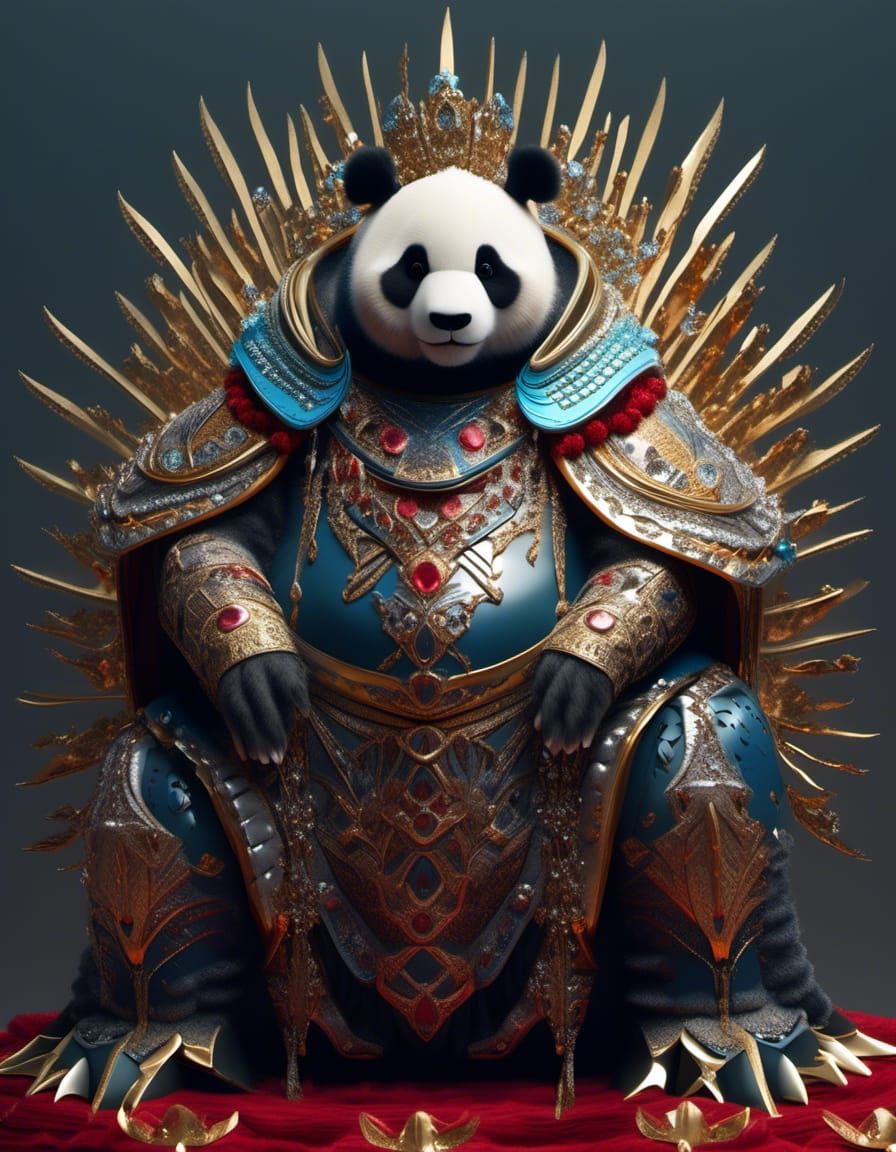 Portrait Satisfied Obese King Great Panda wearing a magical crystal crown with a golden ...