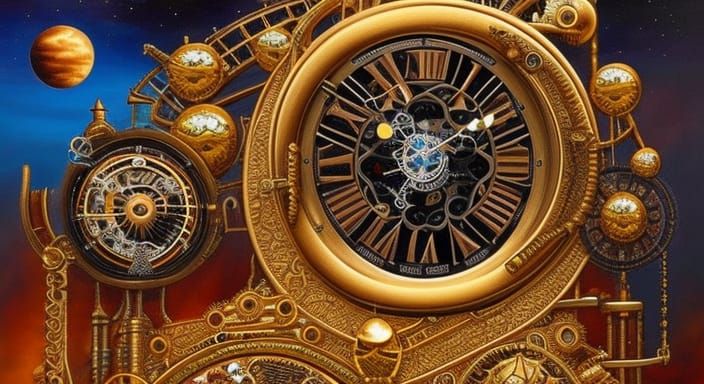 Steampunk grandfather clock floating in the Universe on parallel ...