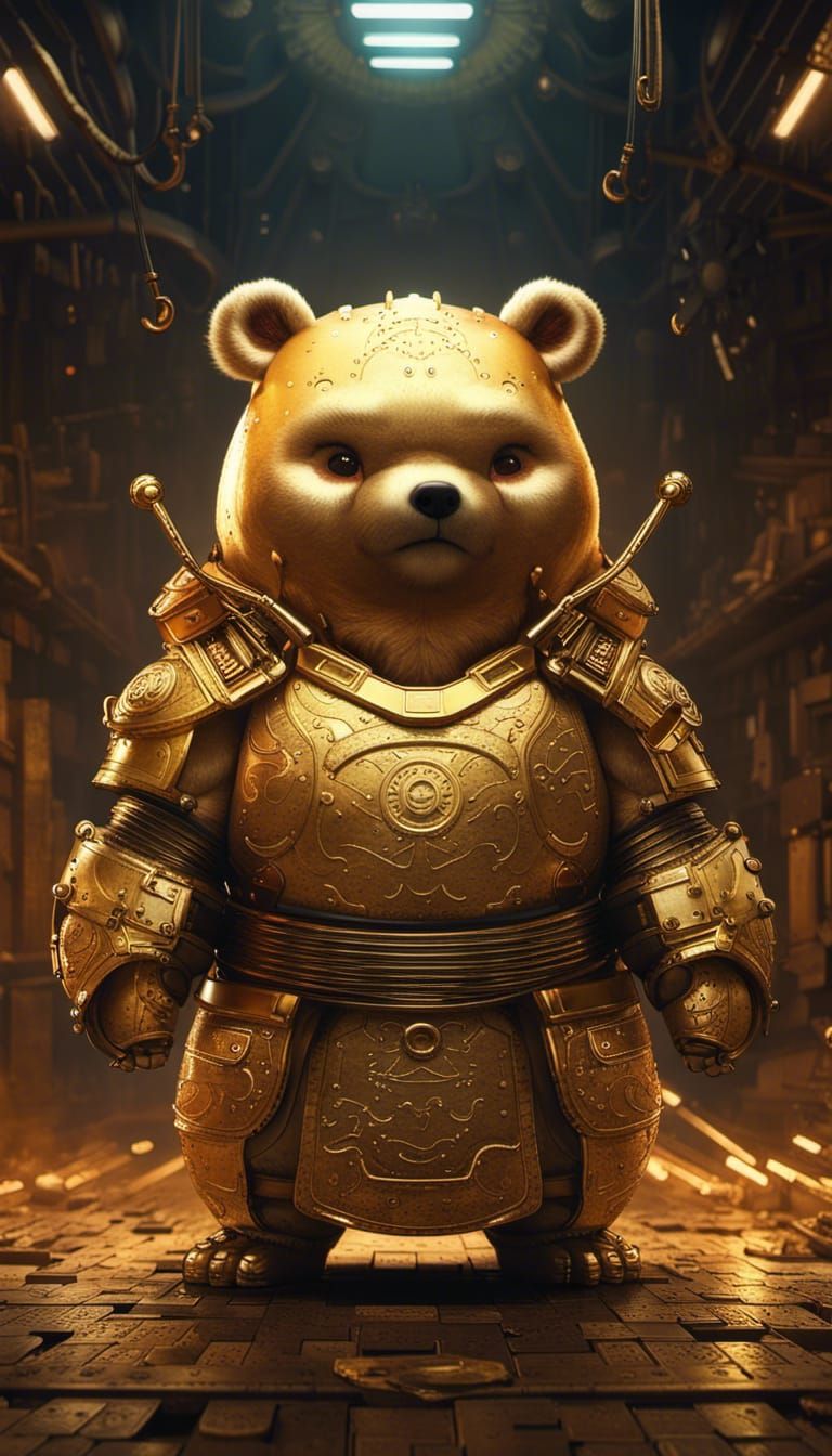 Photograph Portrait of a cute obese Chibi golden samurai Bear character ...