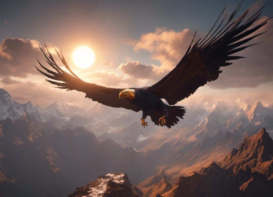 Condor flying over the Andes with the sun halfway hidden behind the ...