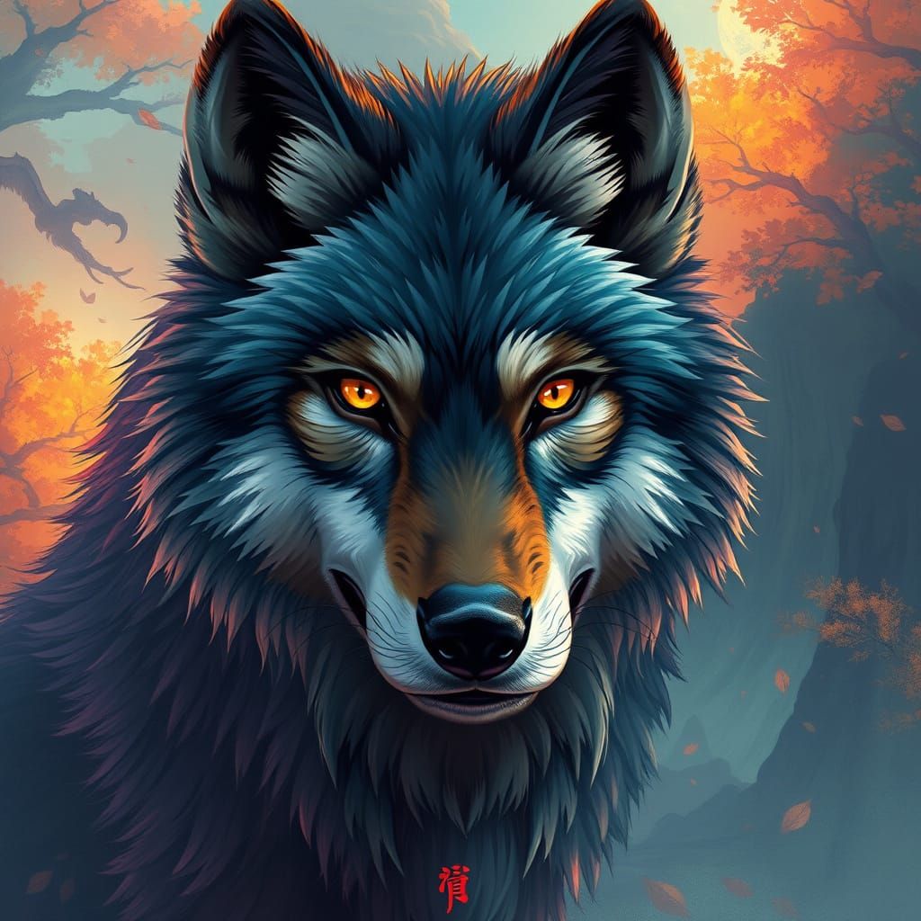 wolf fursona - Majestic Wolf Fursona in Vibrant Mythical Rea...