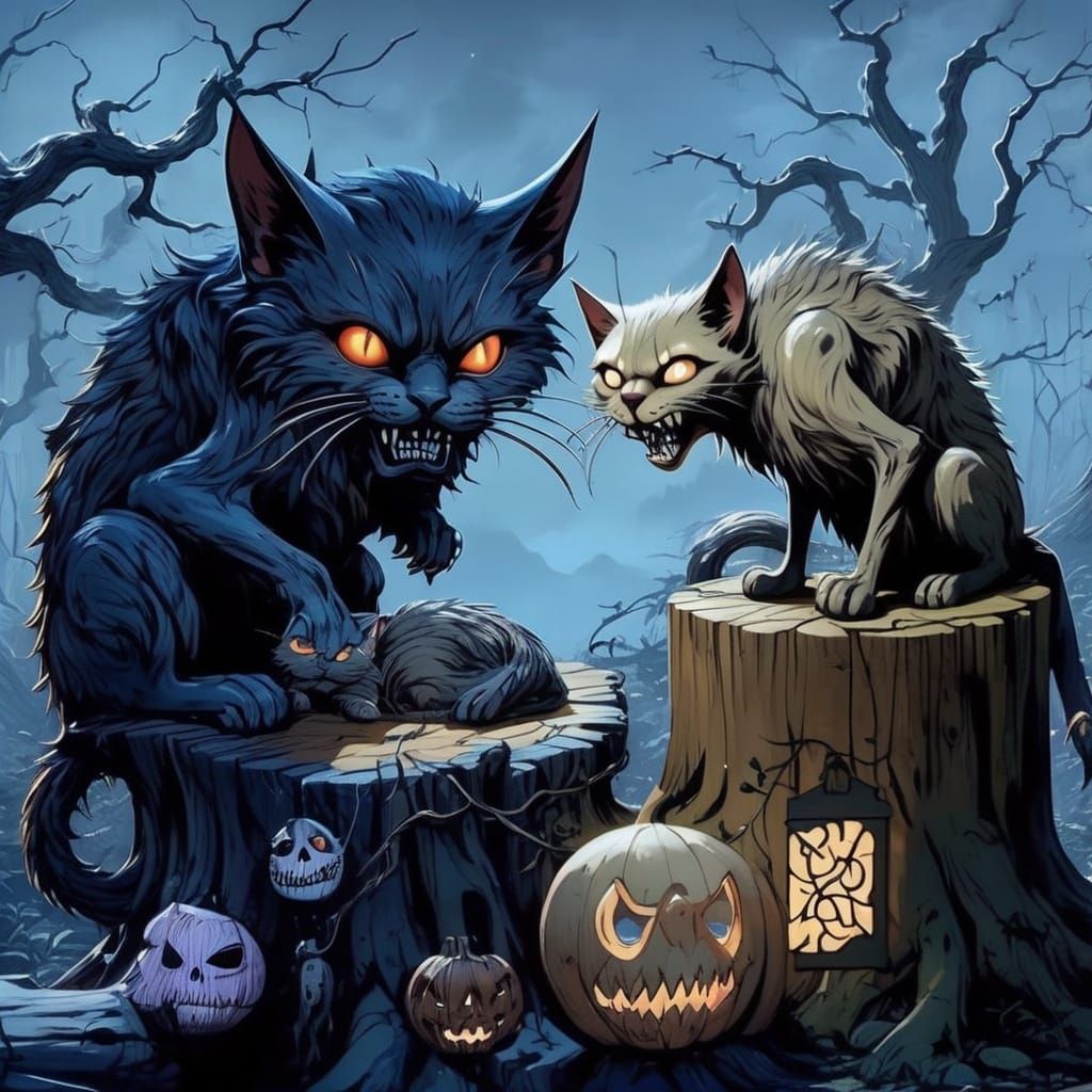 A regal demon black father cat with piercing fiery eyes, his sleek fur ...