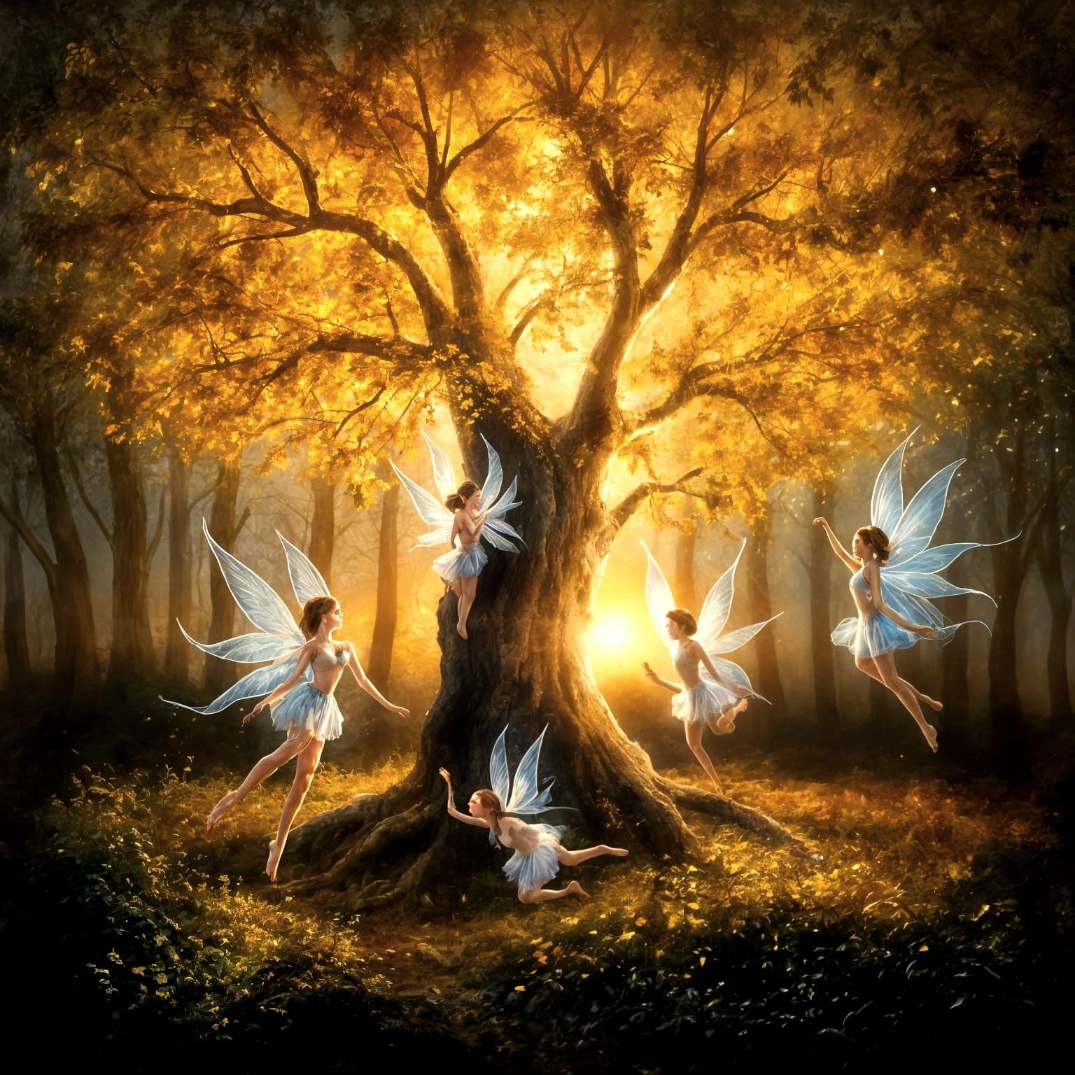 Fairies flutter around as tree, collecting magic