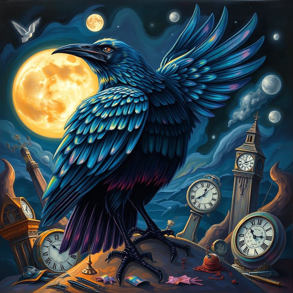 Surrealist Crow in Dreamlike Landscape with Meltin... - AI Art