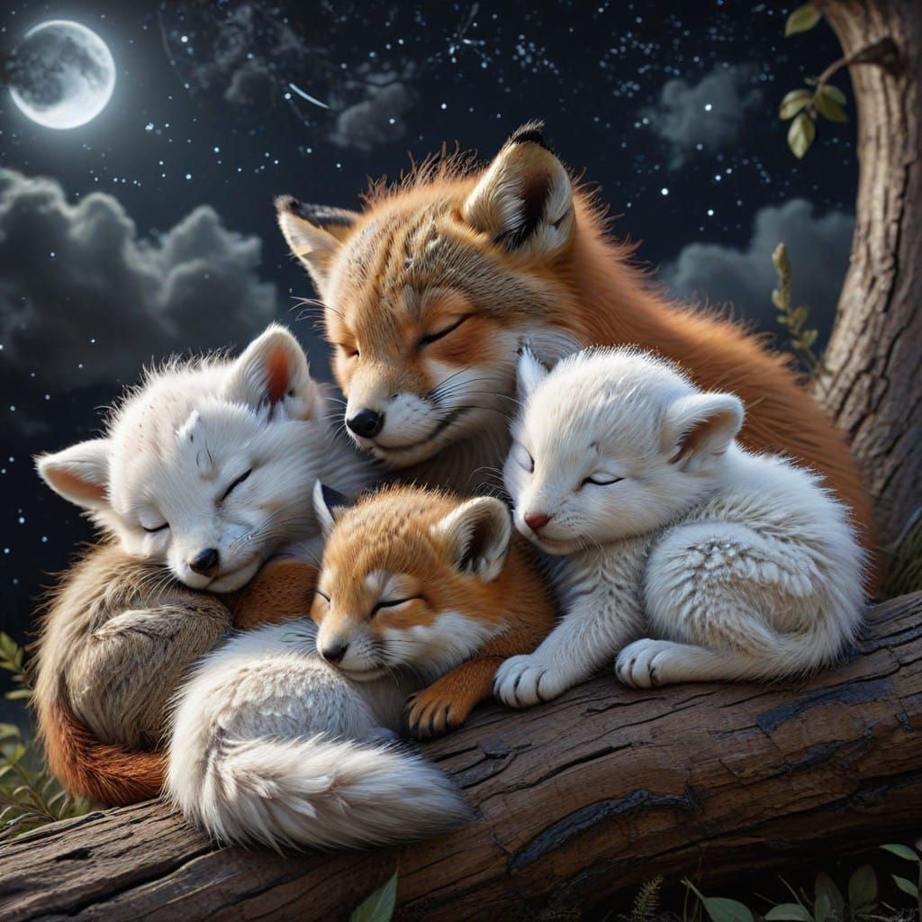 Sleeping - Fantastical Creatures Rest Together Under Vibrant...