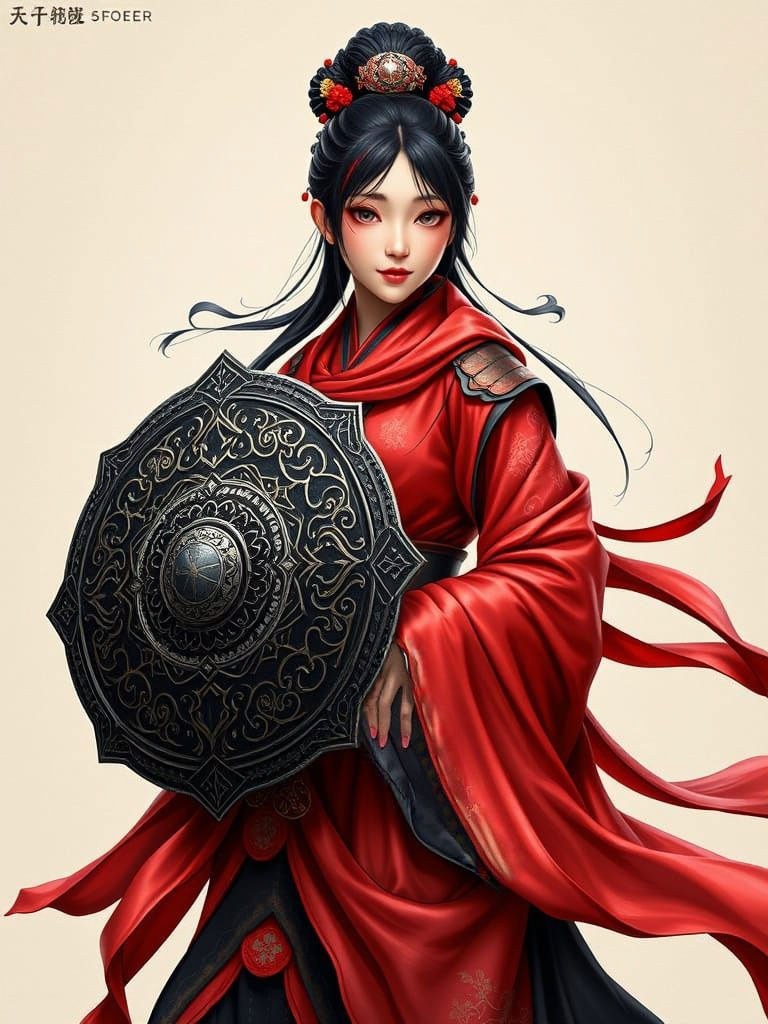 Chinese Warrior Maiden Holds Majestic Fantasy Shield with Asian Symbols ...
