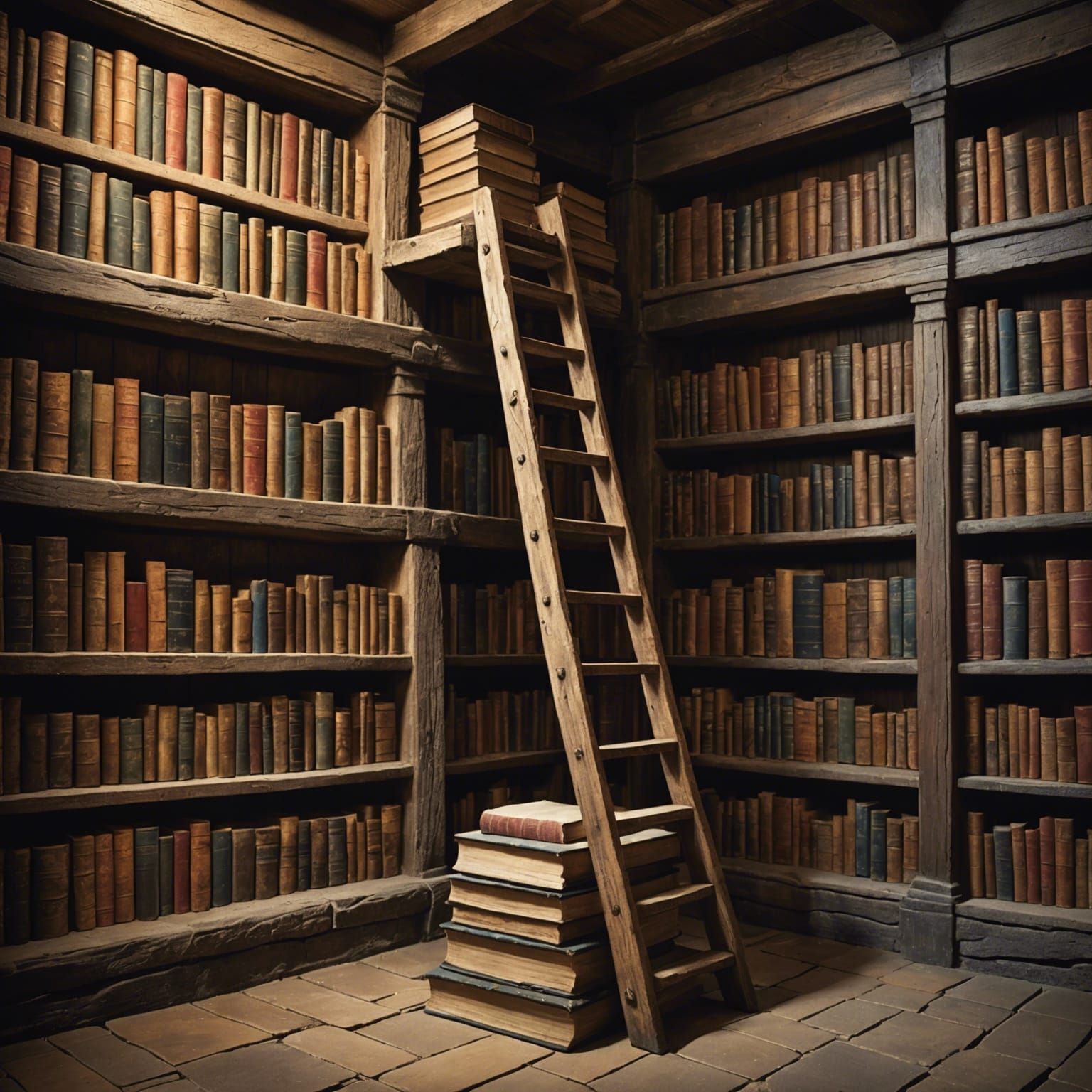 Grungy Ancient library made from rough stone with leather-bound books ...