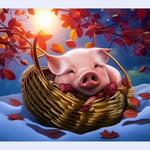Cute adorable pig sleeping in a wicker basket of apples under a tree in ...