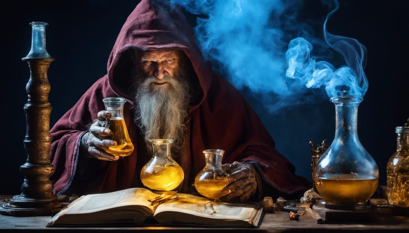 Wizard with deeply etched lines on face hunched over table with boiling ...