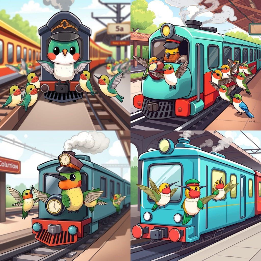 Chibi Train Whisks Away Happy Hummingbirds in a Vi... - AI Art