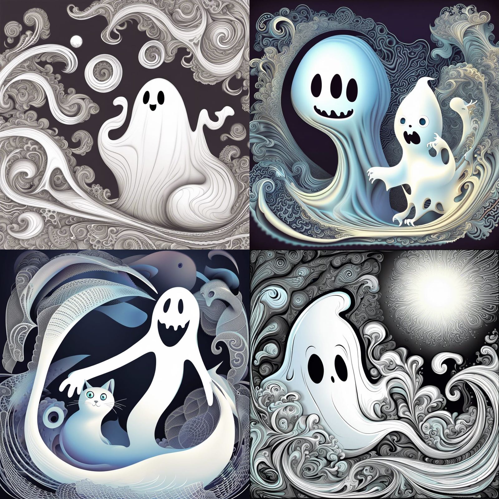 Friendly ghost spooking a cat. abstract vector fractal, wave function ...