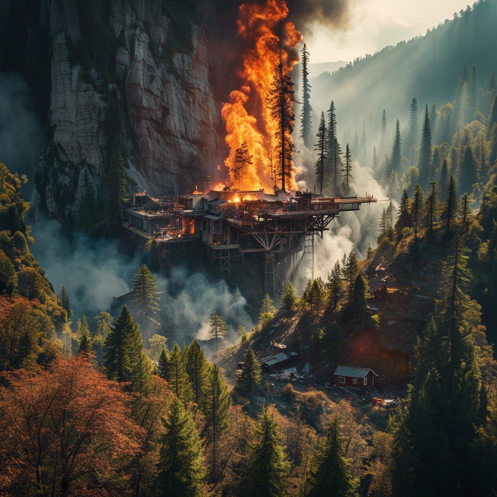 Mining Town on Fire in the Forest - AI Generated Artwork - NightCafe Creator