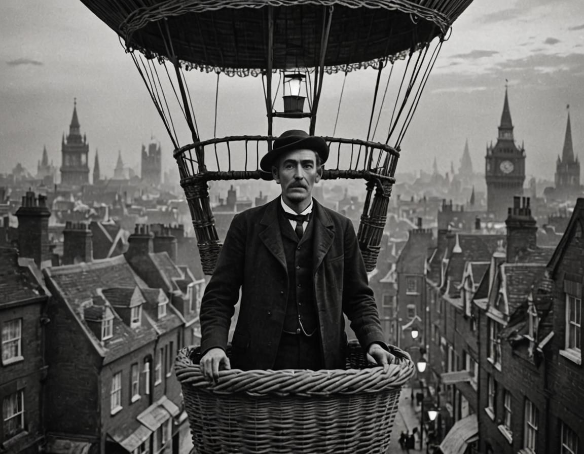 A Victorian man standing inside a wicker basket, on a hot air balloon ...