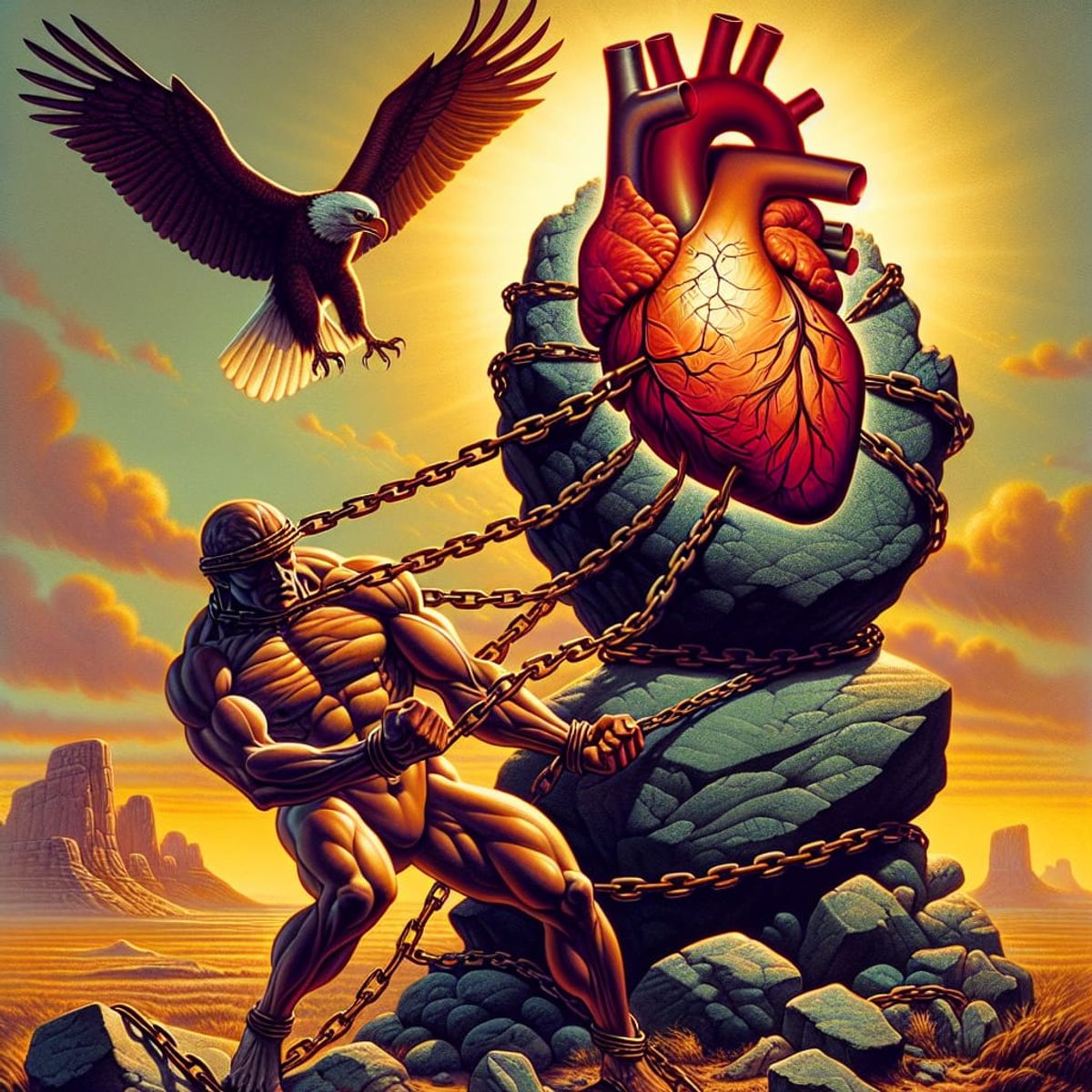 The muscular god, chains. the rock, an eagle bio-heart, chest, fire for ...