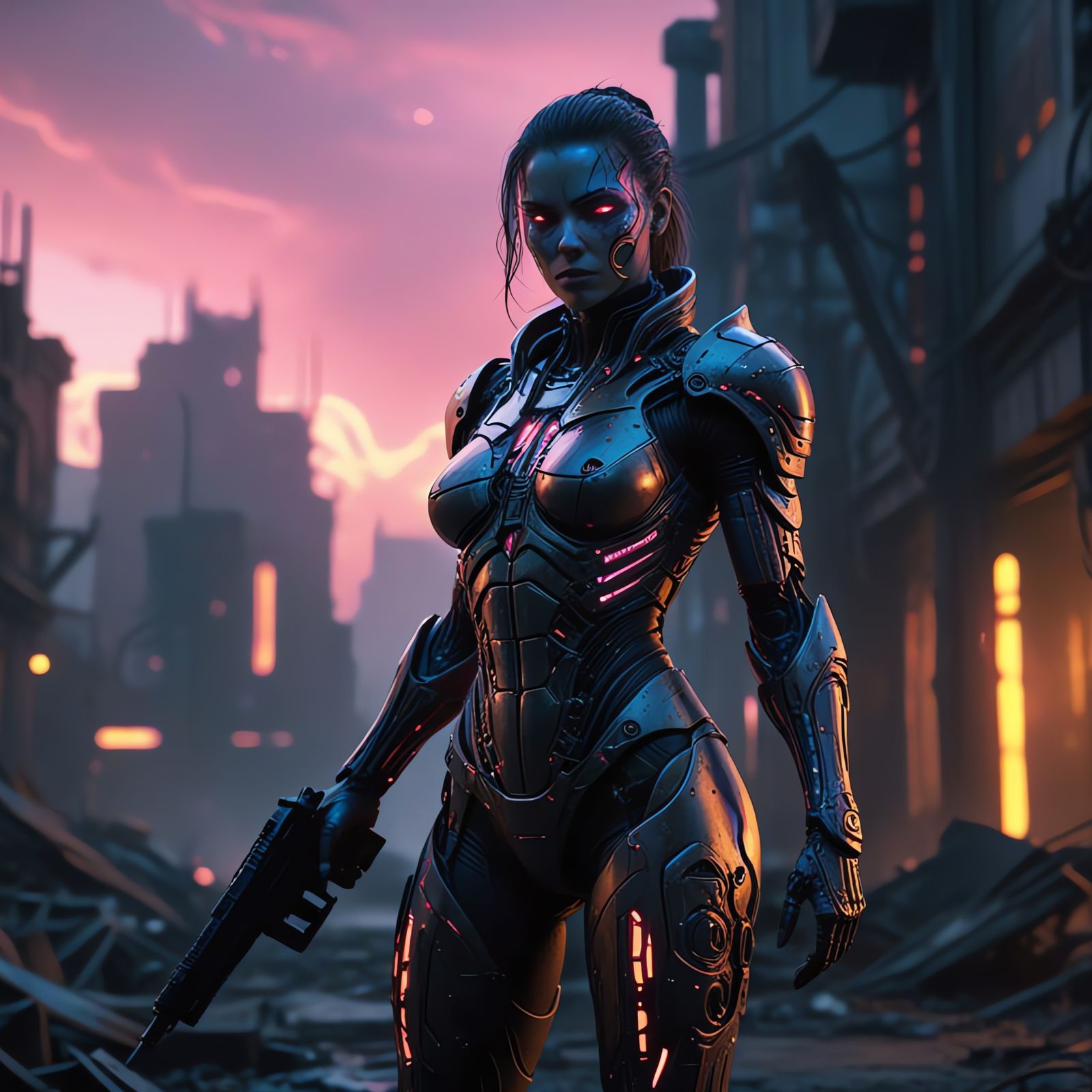 Lady: Cyberpunk Devil Hunter in Sci-Fi Apocalypse - AI Art