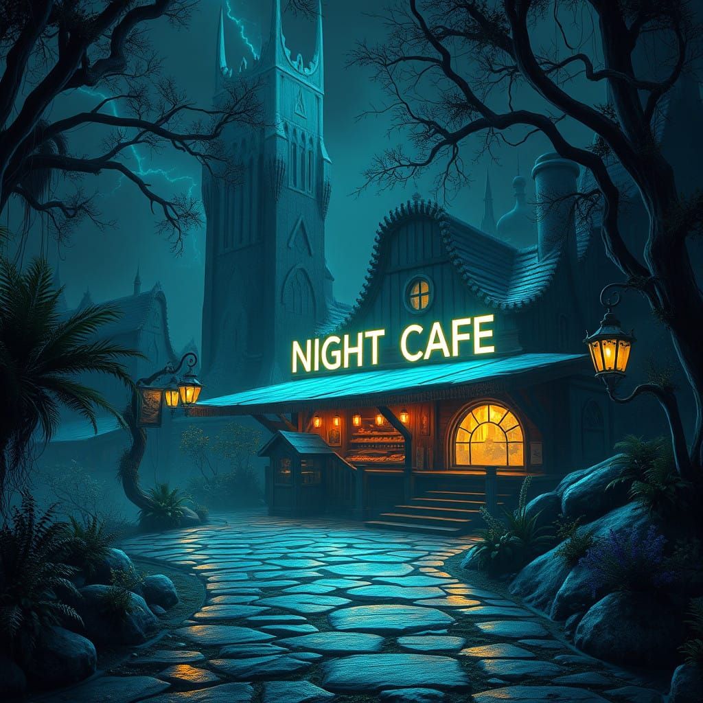 Surreal Nighttime Oasis Unveiled with Radiant Path... - AI Art